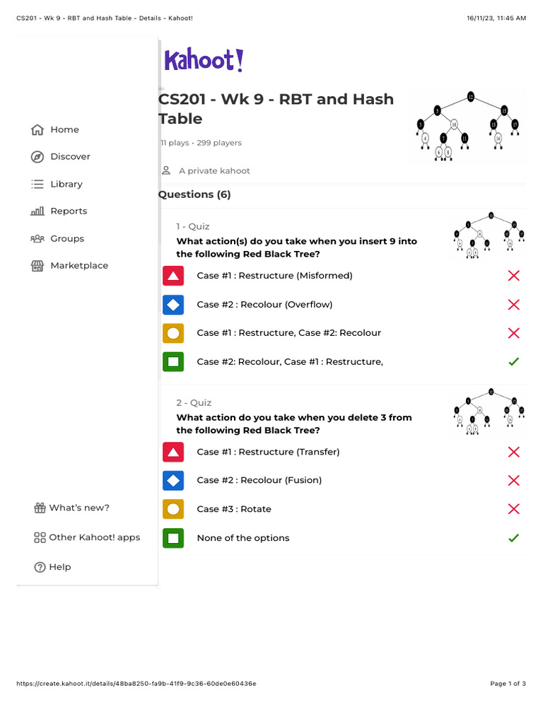 CS201 - Wk 9 - RBT and Hash Table - Details - Kahoot! | PDF | Software Engineering | Algorithms