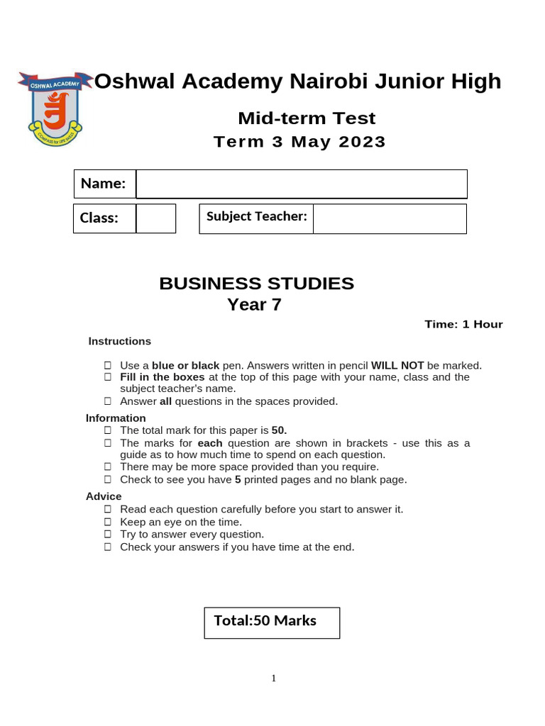 Junior High Business Studies Test 2023 | PDF