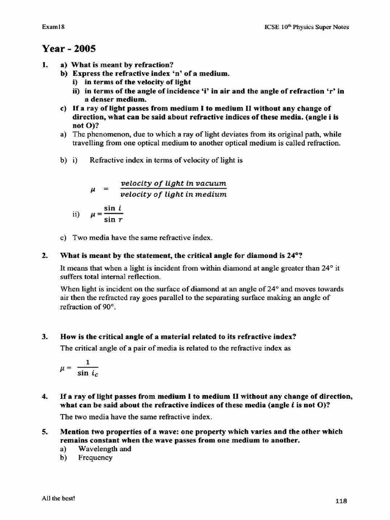 ICSE Physics Super Notes: Refraction & Light | PDF | Electromagnetic ...