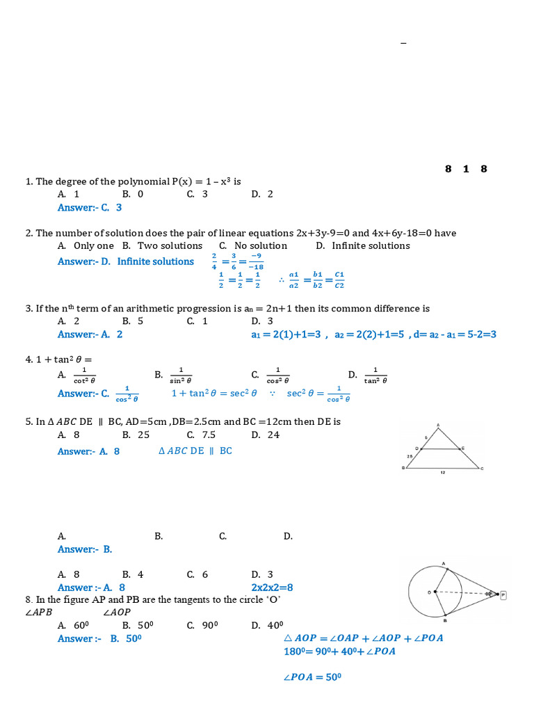 North-4 Taluk Level Mathematics Question Paper Key Answer | PDF ...