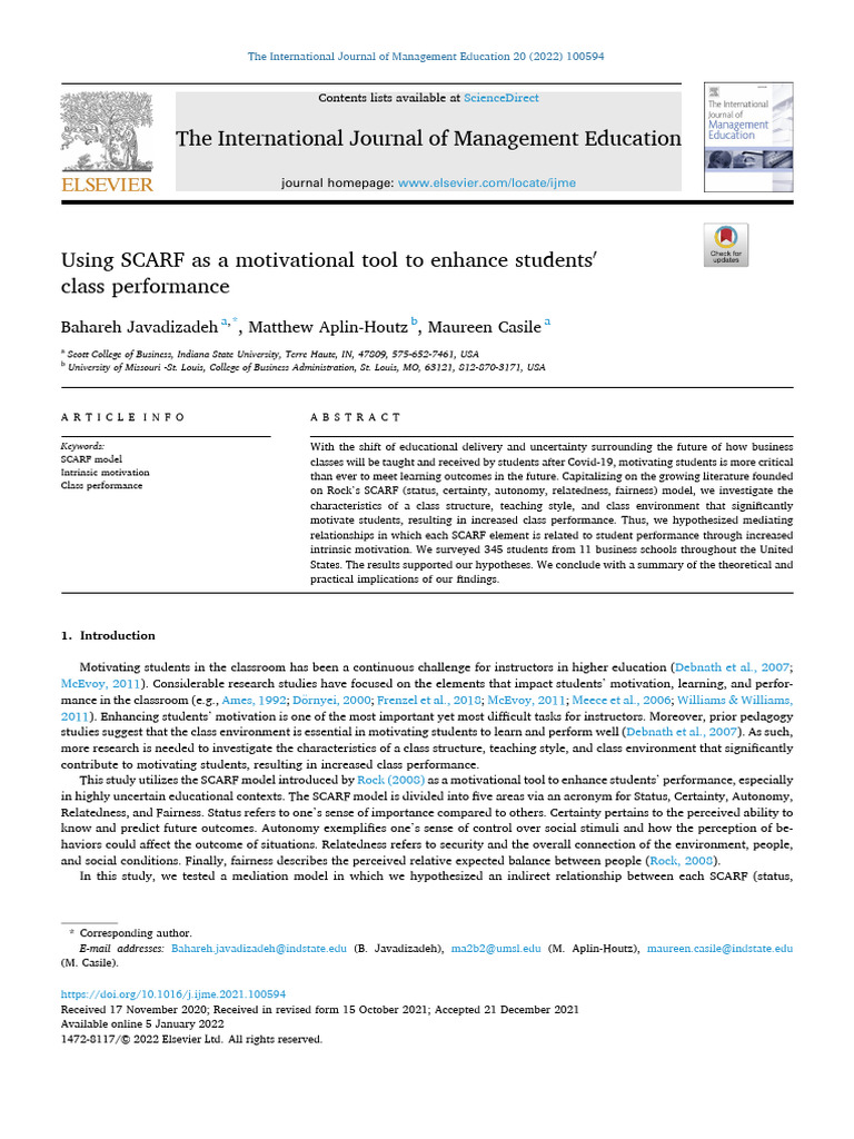 Using SCARF As A Motivational Tool To Enhance Students' Class ...