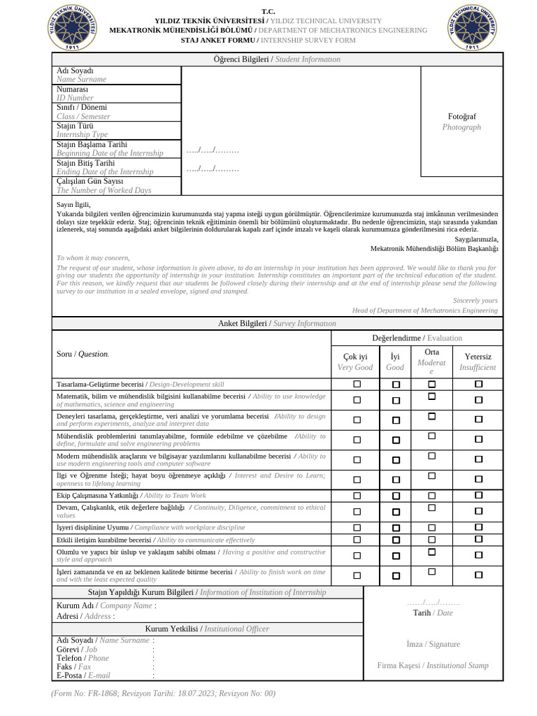 FR-1868-Mekatronik Mühendisliği Bölümü Staj Anket Formu | PDF
