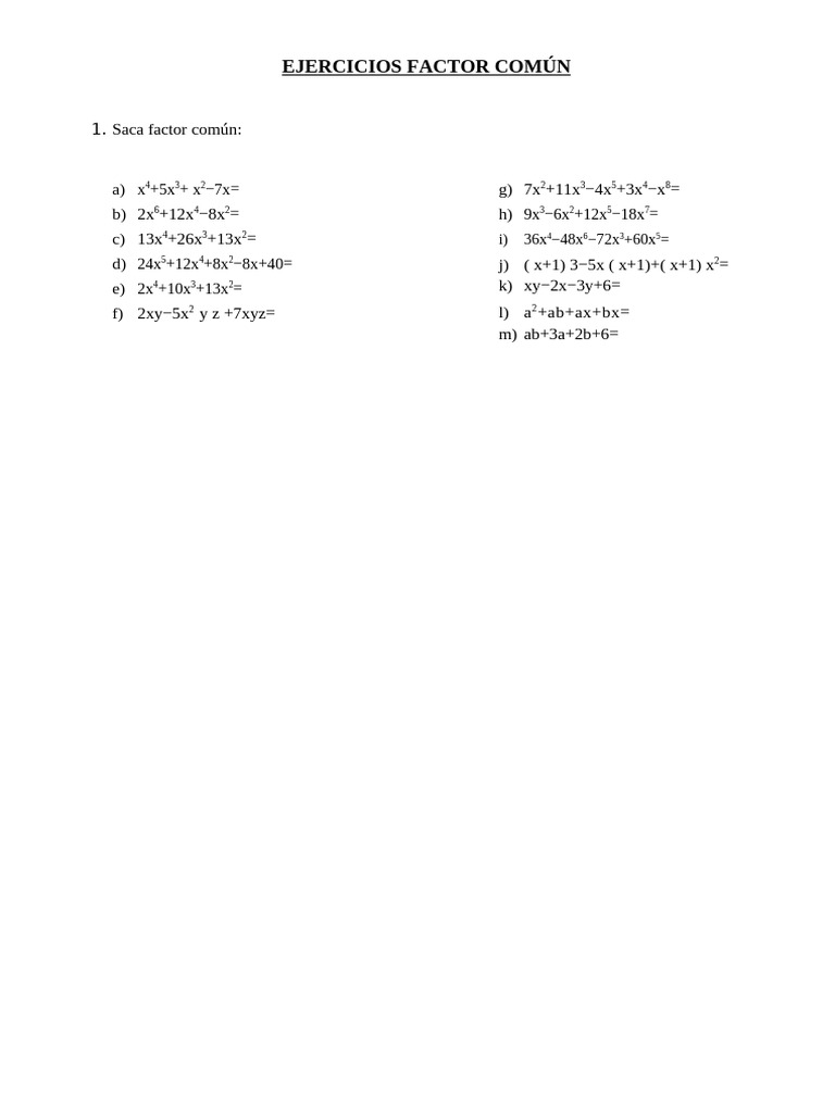 Ejercicios Sacar Factor Comun | PDF