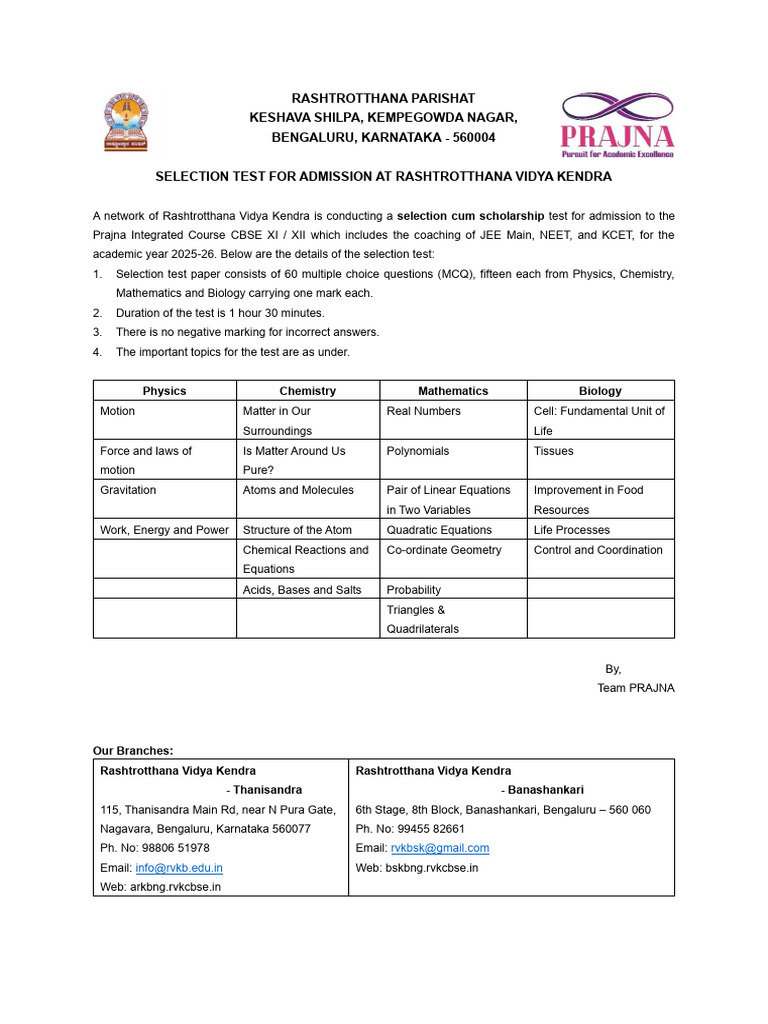 Admission Test for Rashtrotthana 2025-26 | PDF | Chemistry | Equations