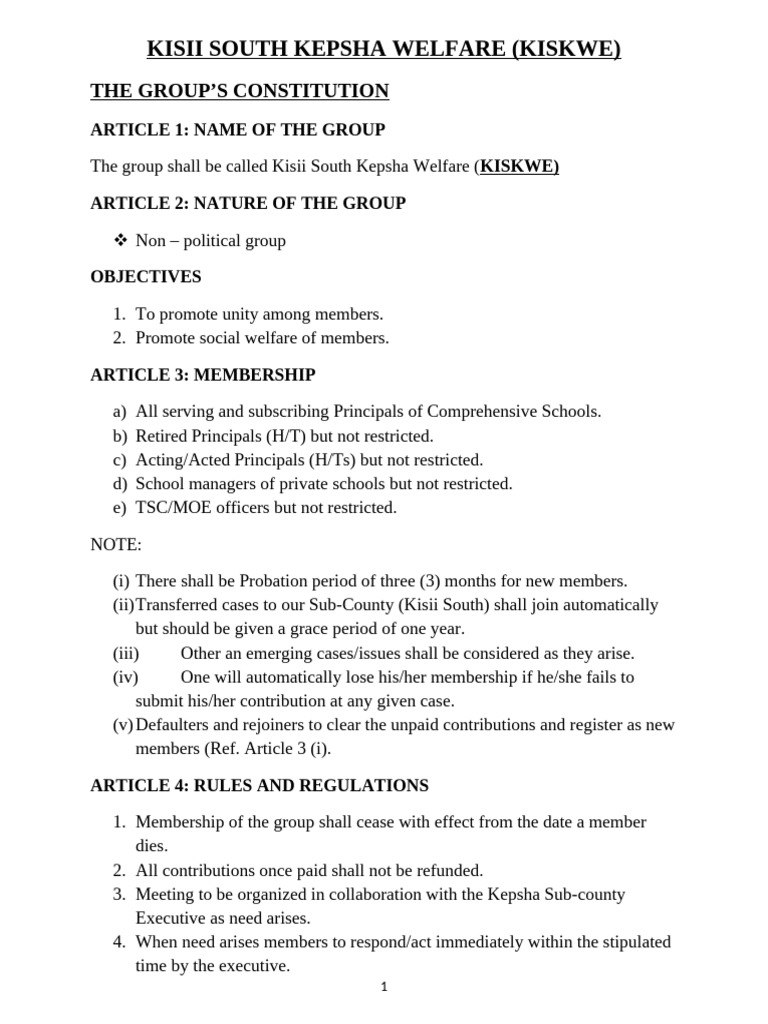 Kisii South KEPSHA Welfare Draft Constitution-1 | PDF | Government | Justice