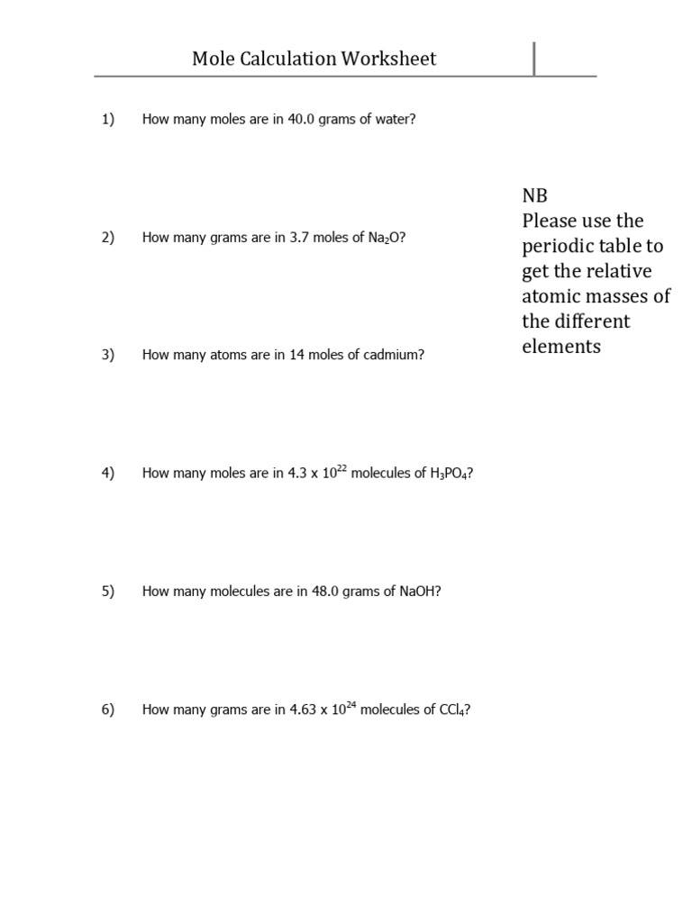 Mole Calculation Worksheet | PDF