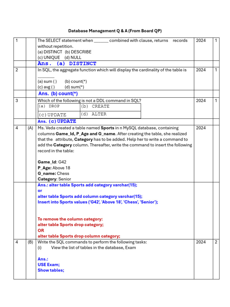 SQL Database Management Q&A Guide | PDF | Table (Database) | Sql