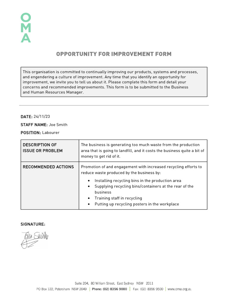 Opportunity For Improvement Form | PDF