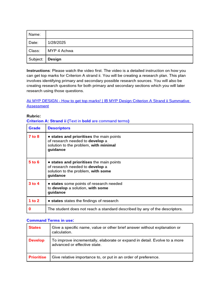 MYP Design Criterion A Strand ii Guide | PDF