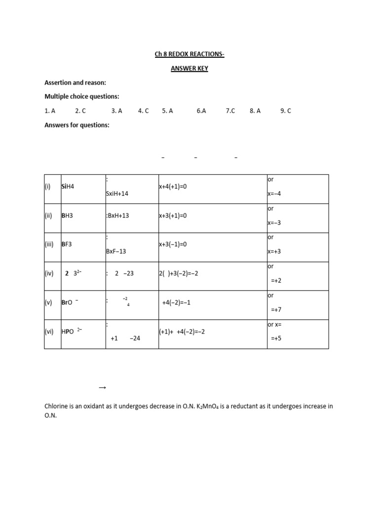 CH 8 REDOX REACTIONS WS ANSWER KEY | PDF | Redox | Oxidizing Agent