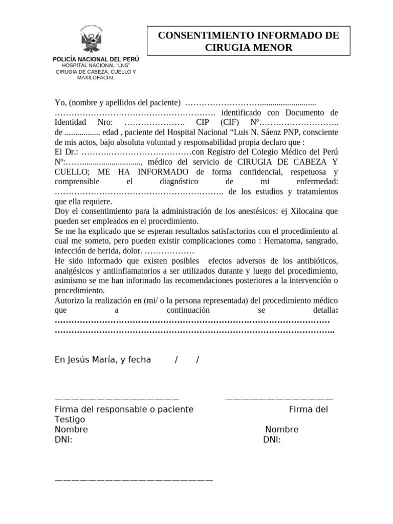 Consentimiento Informado Cirugia Menor | PDF