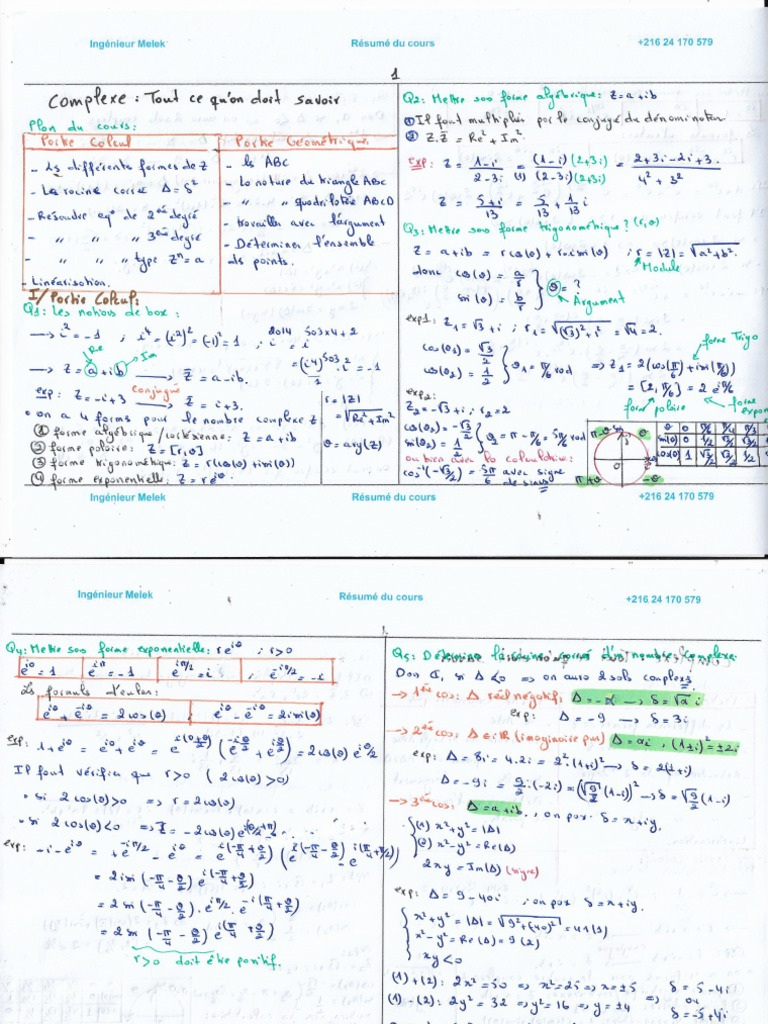 Résumé Du Cours Nombres Complexes Bac SC | PDF