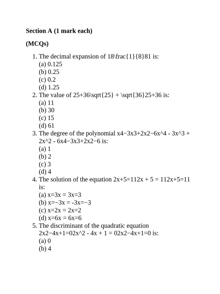 Math MCQs and Problems Set | PDF | Circle | Quadratic Equation