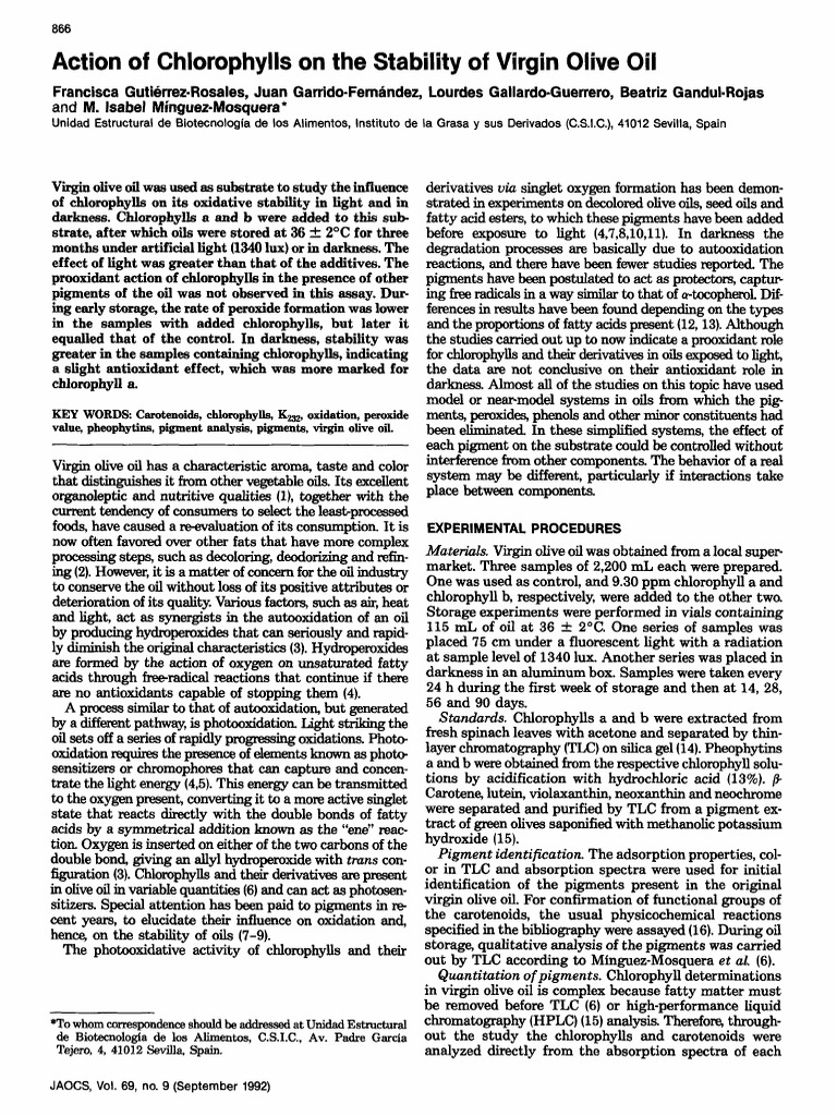 26 Pub 1991 (Gutierrez Rosales) Action of Chlorophylls On The Stability of Virgin Olive Oil ...
