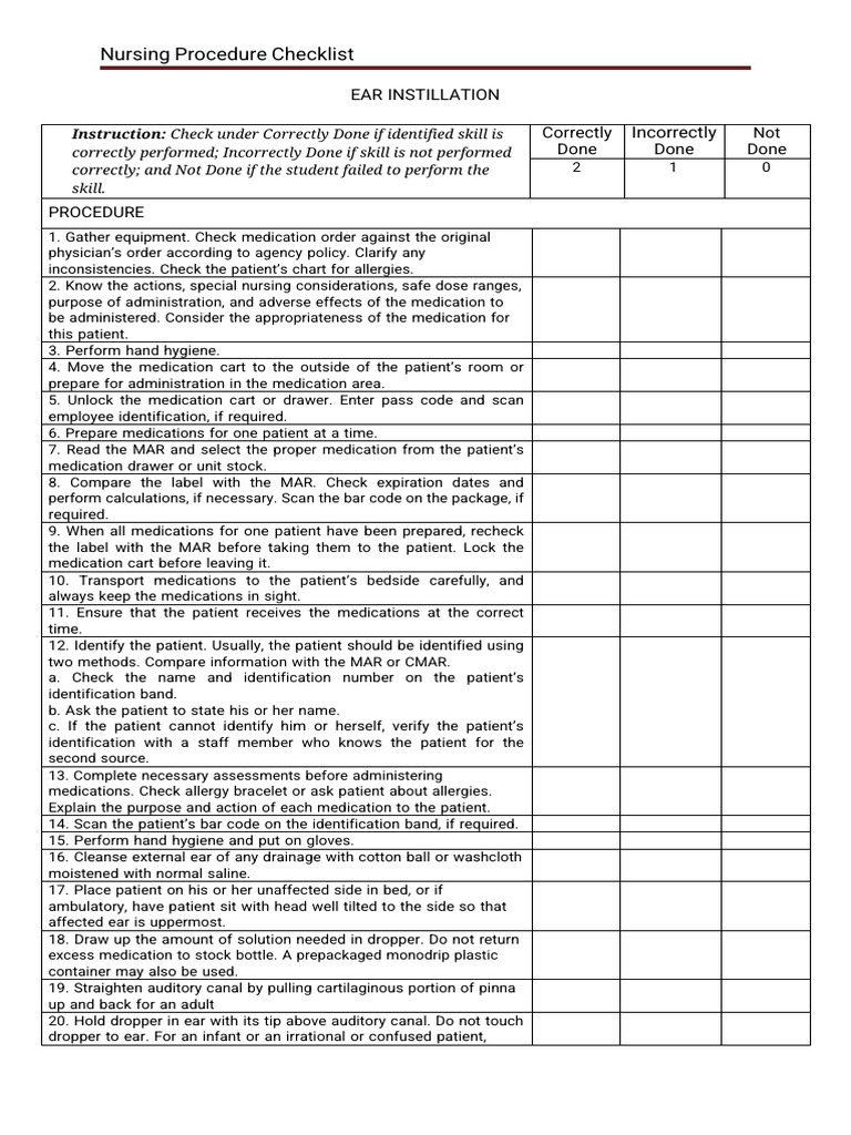 Ear Instillation Checklist | PDF | Patient | Ear