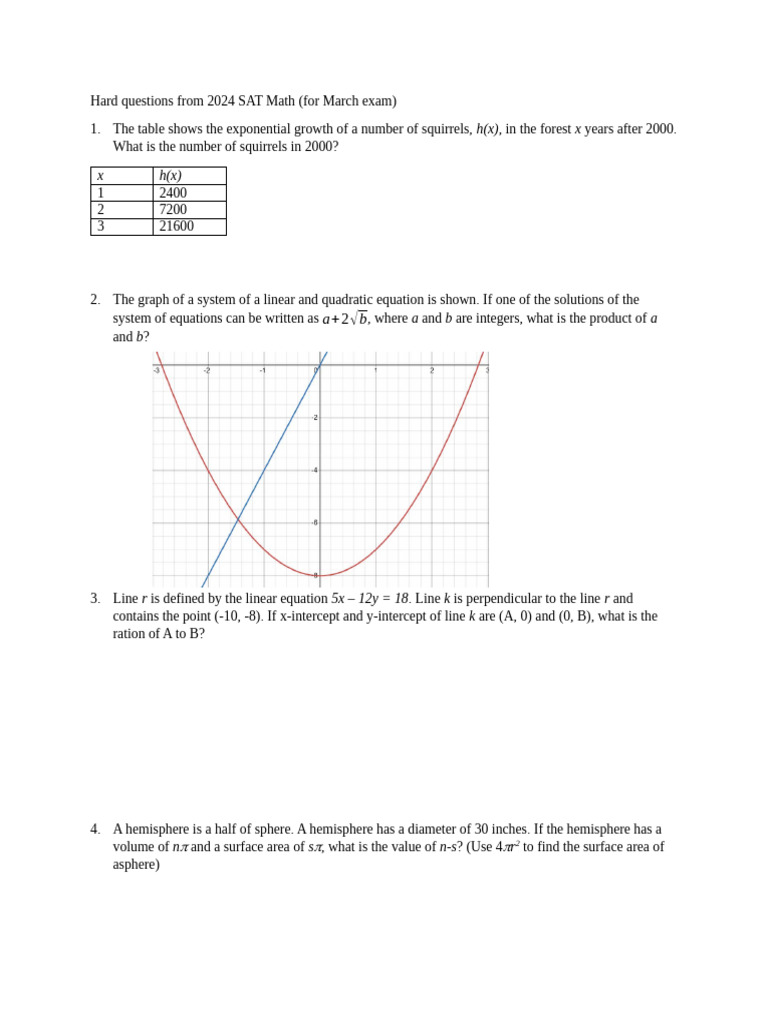 Hard Questions From 2024 SAT Math | PDF | Area | Sphere