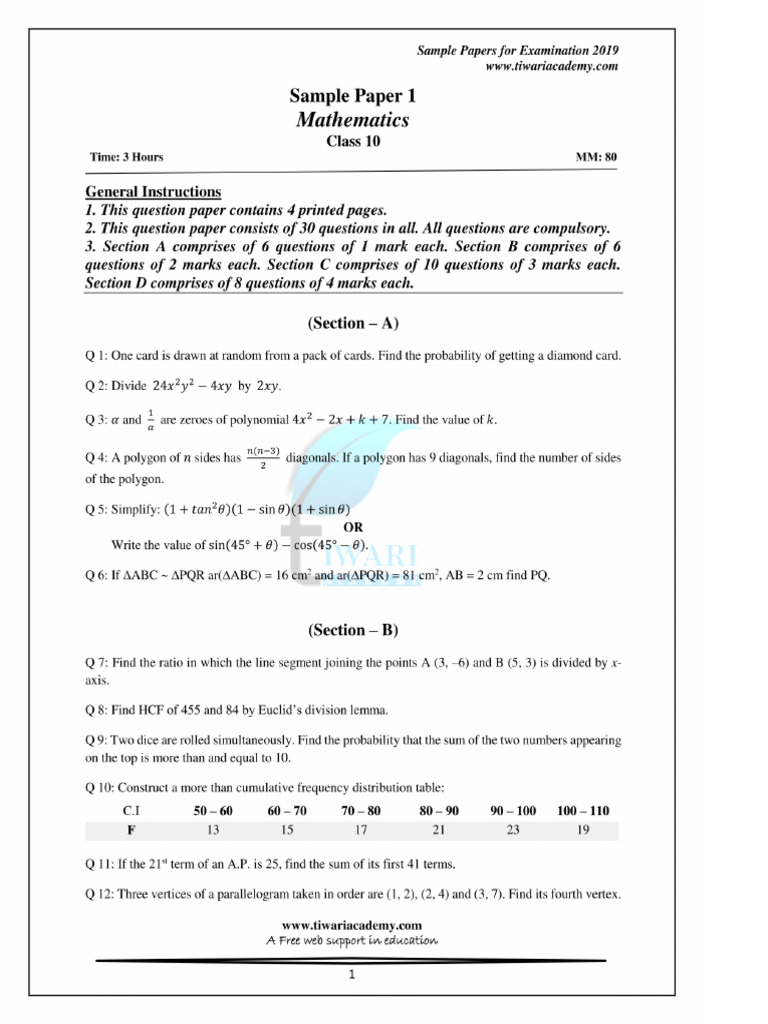 10 Maths Sample Papers 2019 Set 1 | PDF