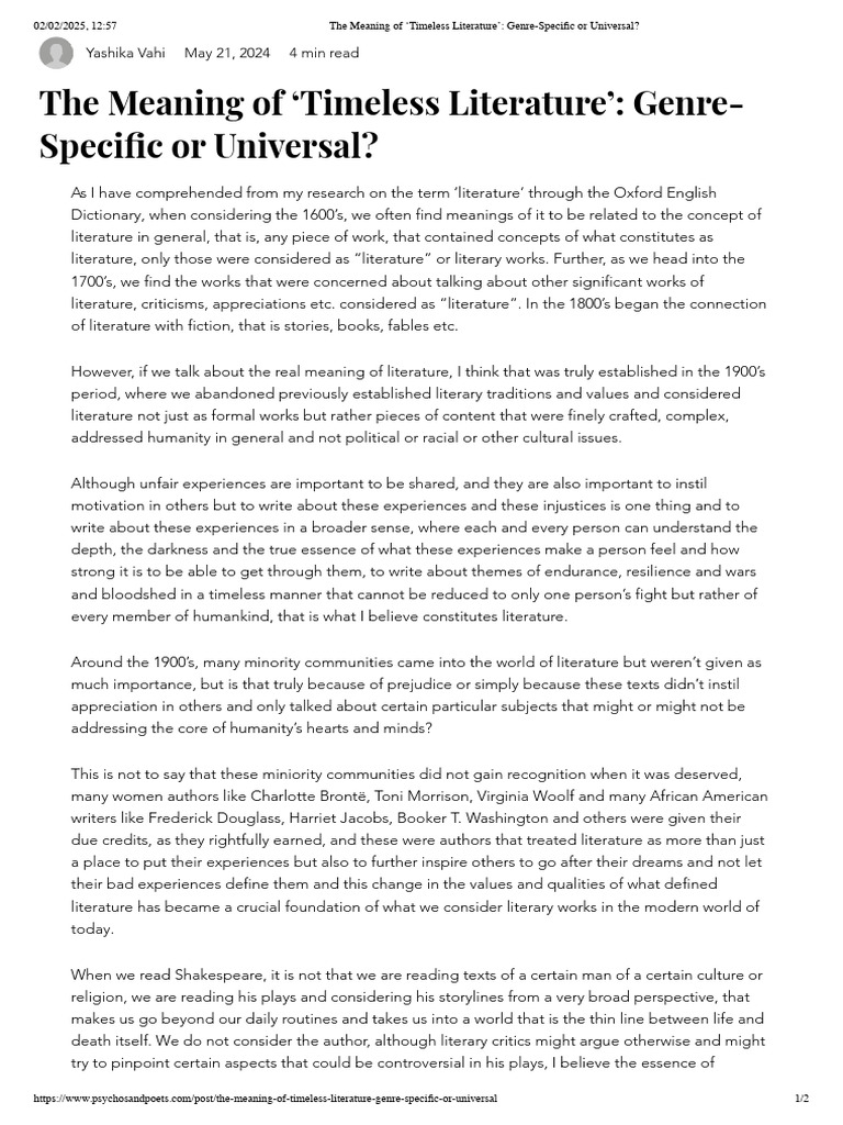 The Meaning of ‘Timeless Literature’_ Genre-Specific or Universal ...