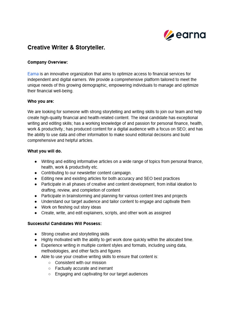 Earna Creative Writer & Storyteller | PDF | Communication | Human ...