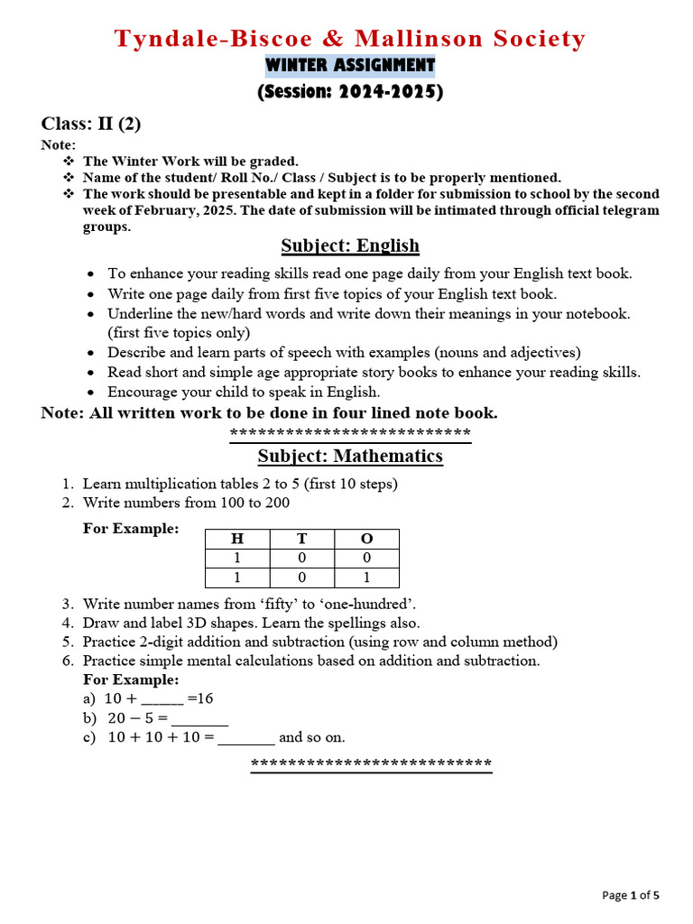 Tyndale School Winter Assignments 2025 | PDF | English Language ...