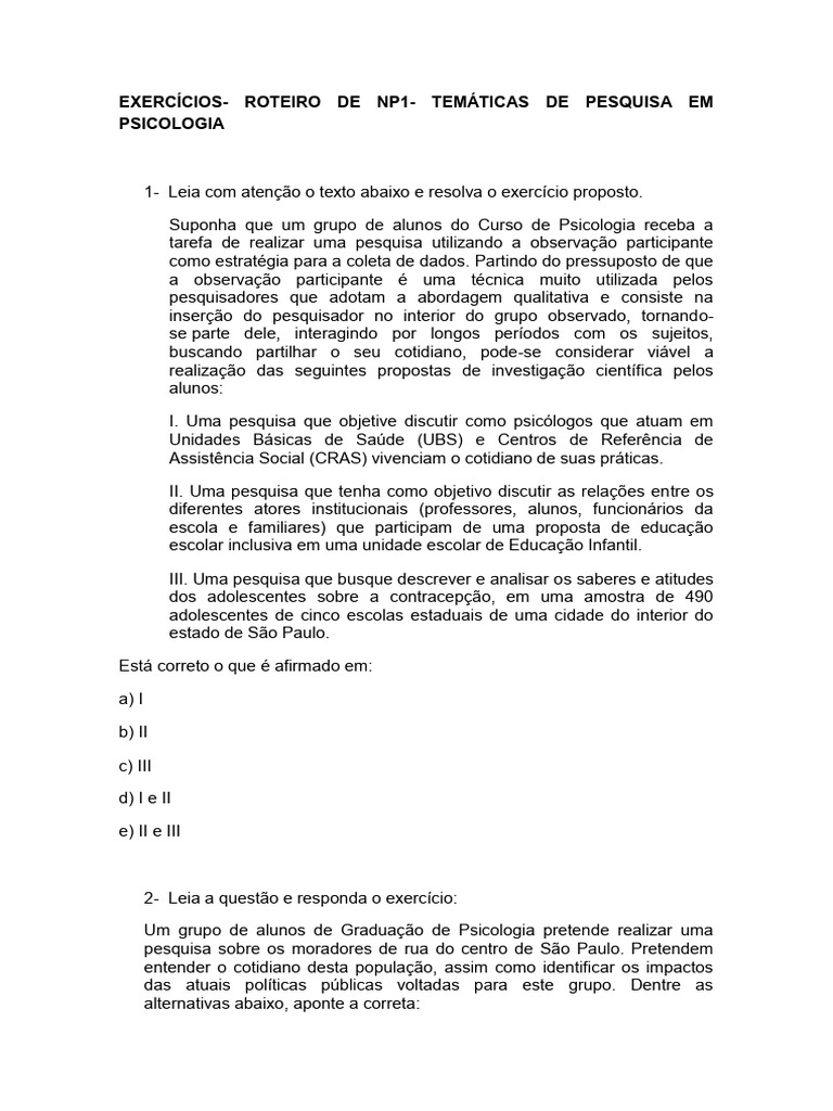 EXERCÍCIOS_NP1 | PDF | Psicologia | Science
