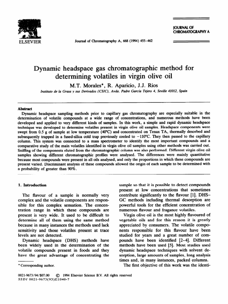 45 Pub 1994 (Morales) Dynamic Headspace Gas Chromatographic Method For Determining Volatiles in ...