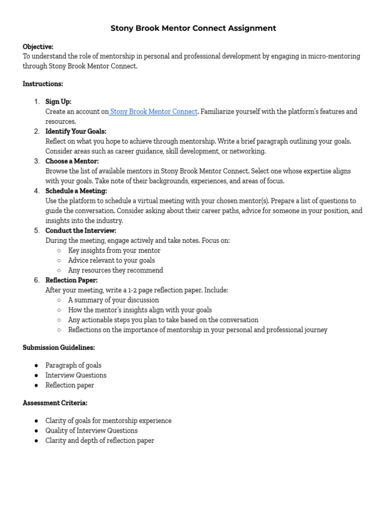 Stonybrook Mentor Connect Assignment | PDF