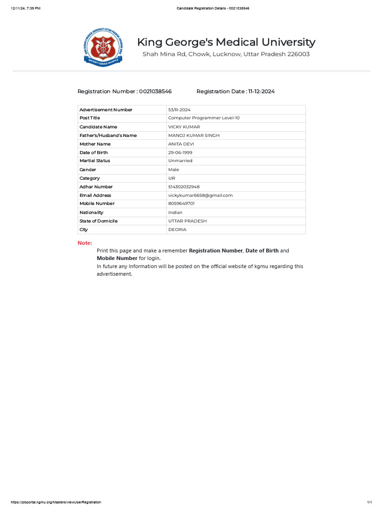 Candidate Registration Details - 0021038546 | PDF