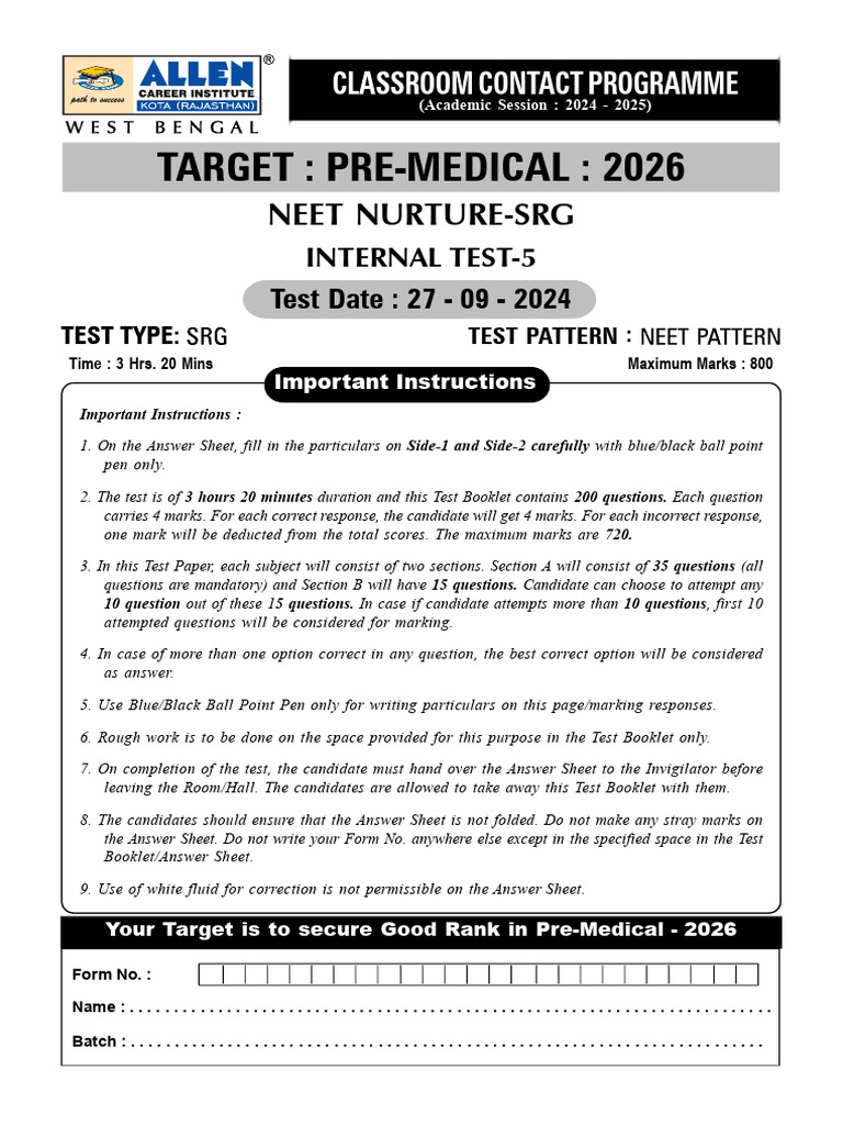 Neet Nurture Srg Internal Test 05 27.09.24 | PDF | Rotation Around A ...