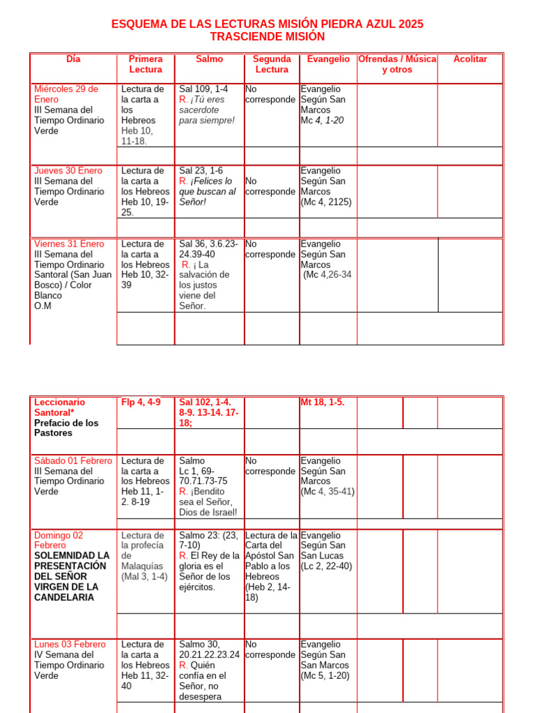 Esquemas de Lecturas Semana Misión 2025 | PDF | Evangelio de Marcos | Adoración Cristiana Y Liturgia