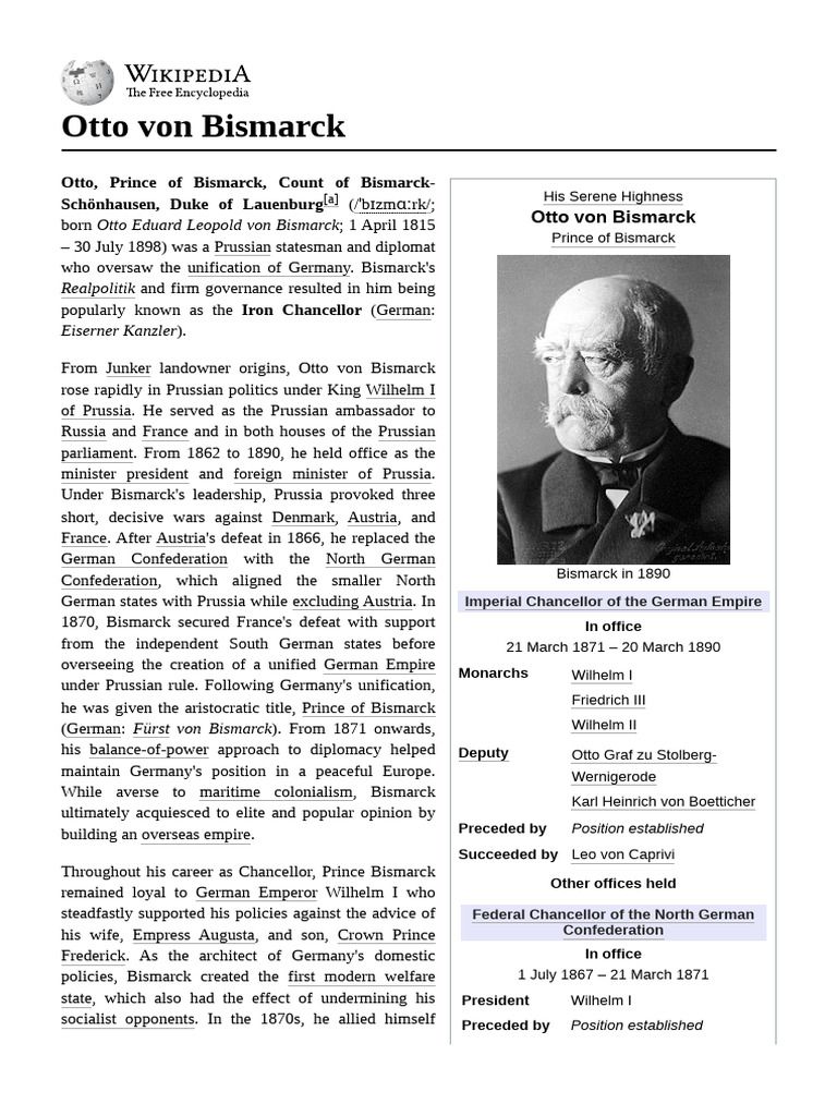 Otto Von Bismarck | PDF | Otto Von Bismarck | German Empire