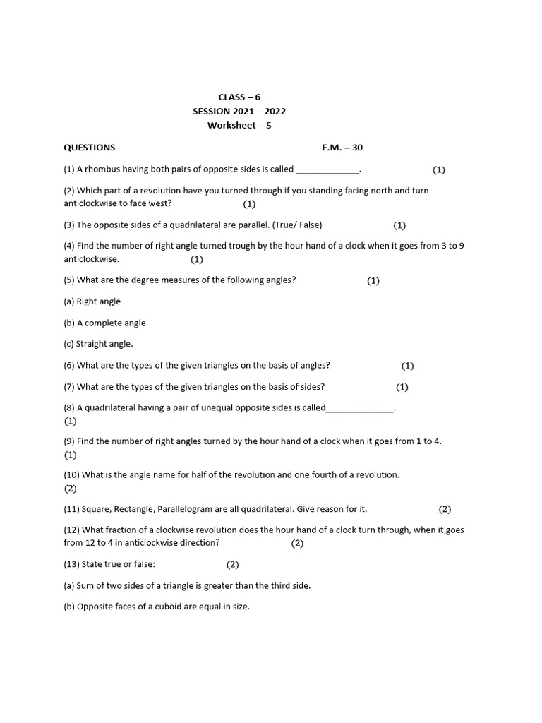 Class 6 Worksheet-5 | PDF