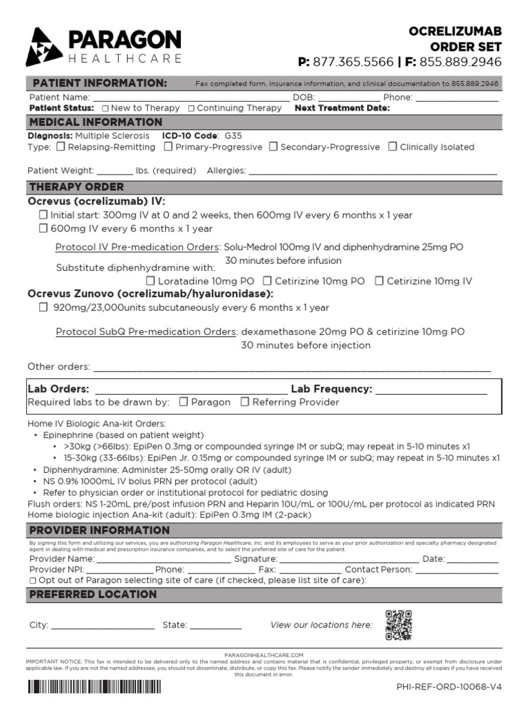 Ocrevus Therapy Patient Referral Form | PDF | Health Care | Medicine