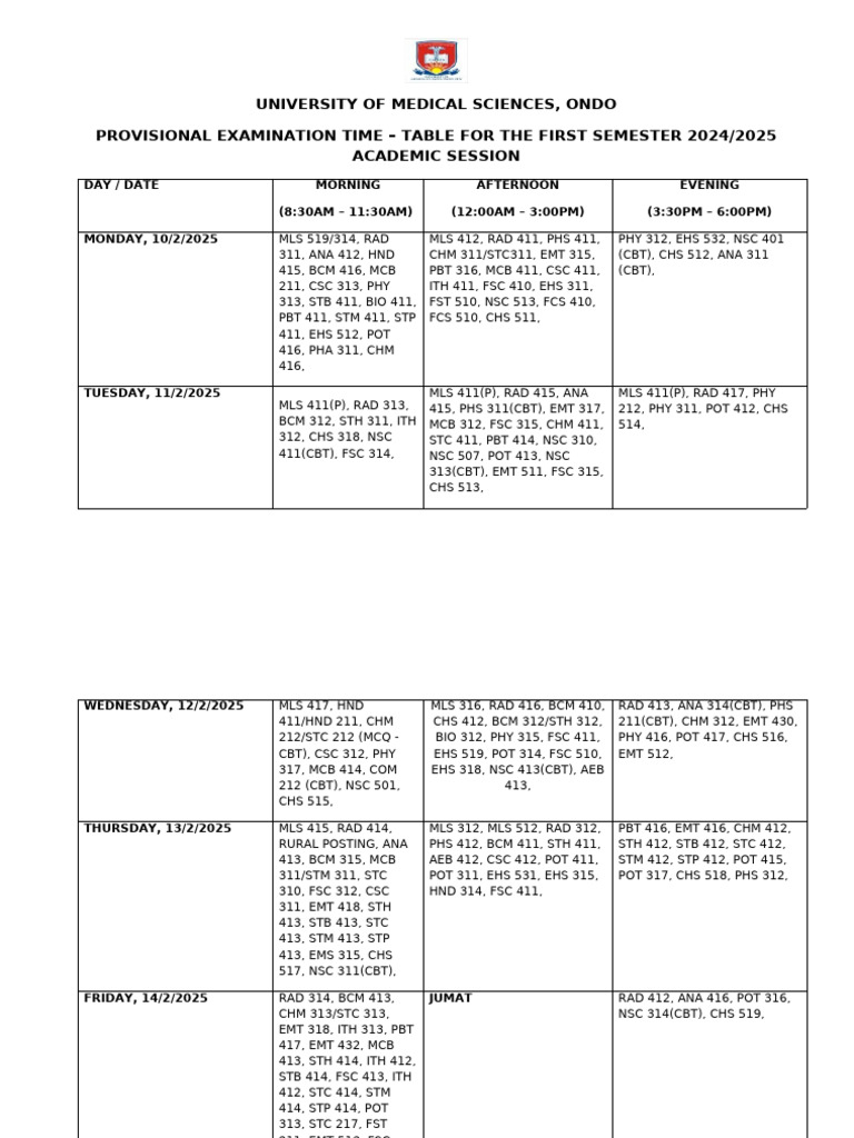 Medical Sciences Exam Schedule | PDF