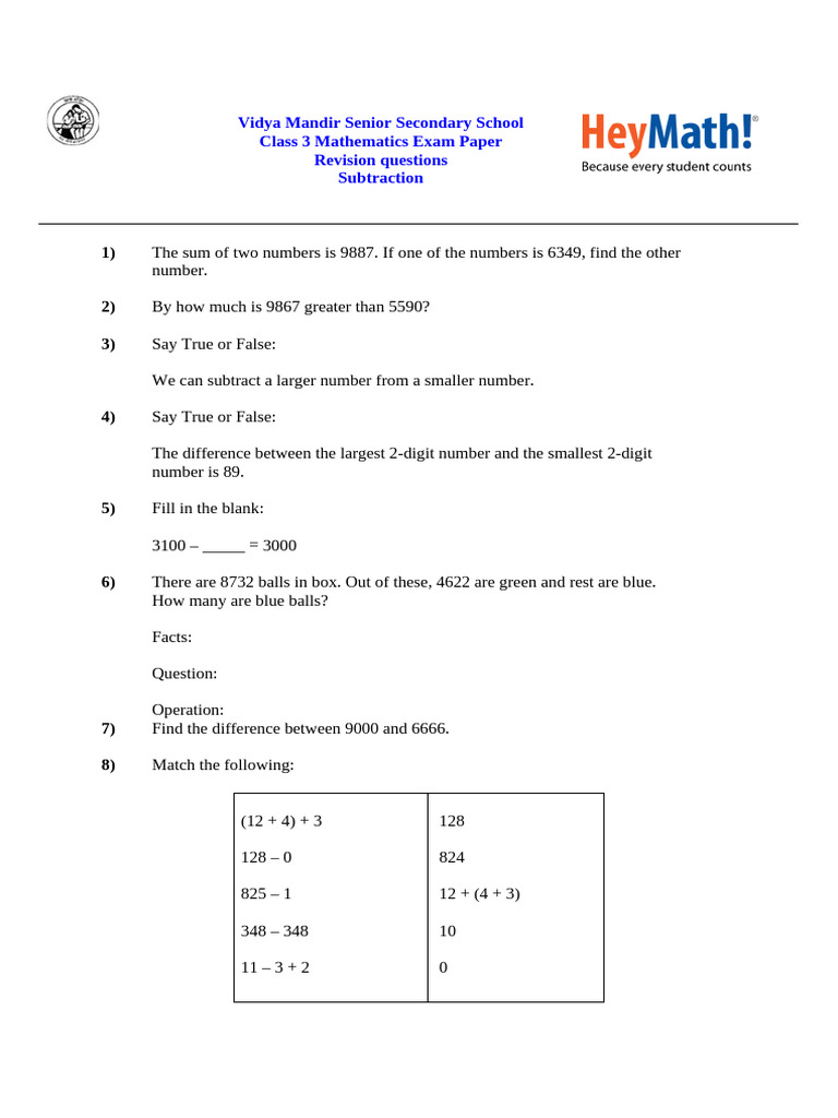 Maths CBSE Class 3 Revision - Questions | PDF | Numbers | Mathematics