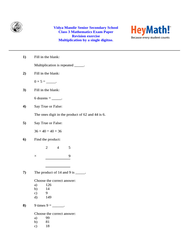 Maths CBSE Class 3 Revision - Exercise | PDF | Multiplication | Mathematics