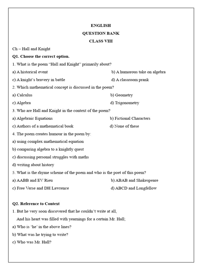 English QB CH - Hall and Knight Class 8 | PDF | Mathematics | Poetry