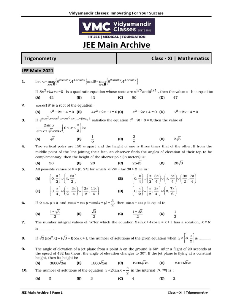 JEE Main Archive 2021-2024 - Trigonometry-Questions | PDF | Algebra | Combinatorics