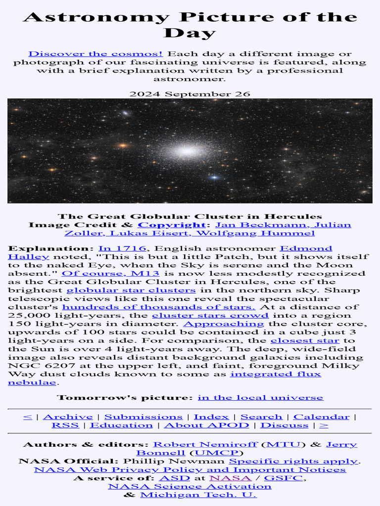APOD 2024 September 26 - The Great Globular Cluster in Hercules | PDF