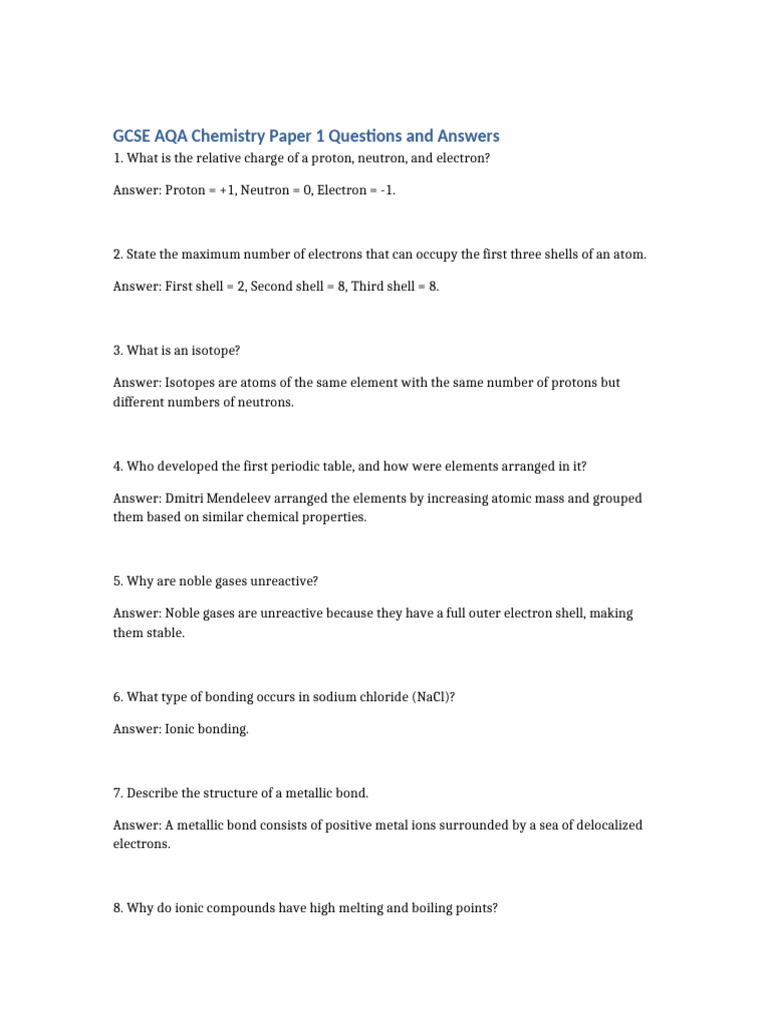 GCSE Chemistry Paper1 Questions Answers | PDF | Chemical Bond ...