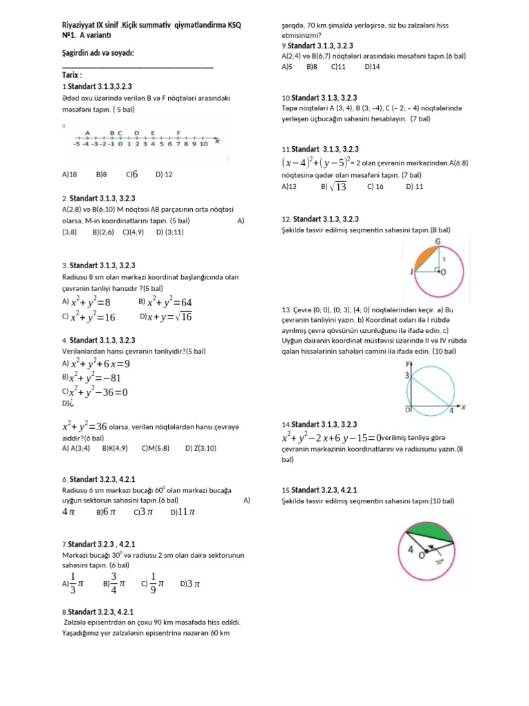 9-Cu SİNİF KSQ 4 VARİANT A (Ə.ARZU 051-641-88-34) (15 SUAL) | PDF