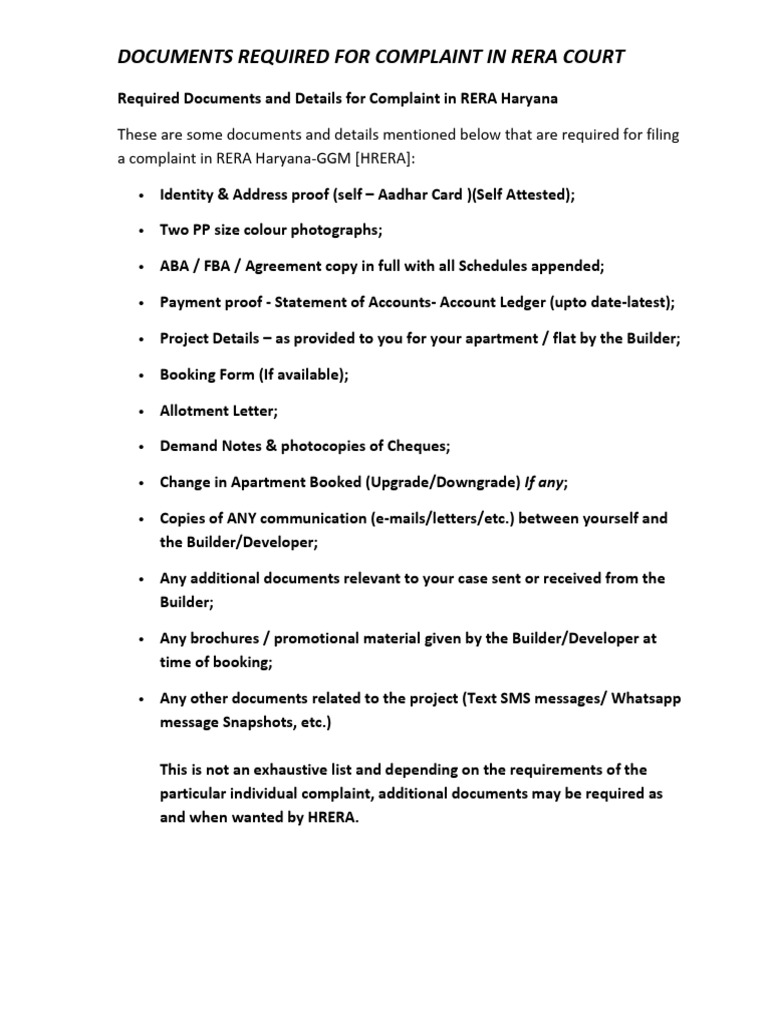 RERA - List of Documents | PDF
