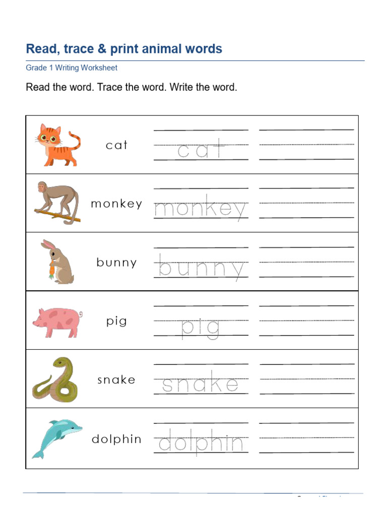 Grade 1 Animal Word Tracing Worksheet | PDF