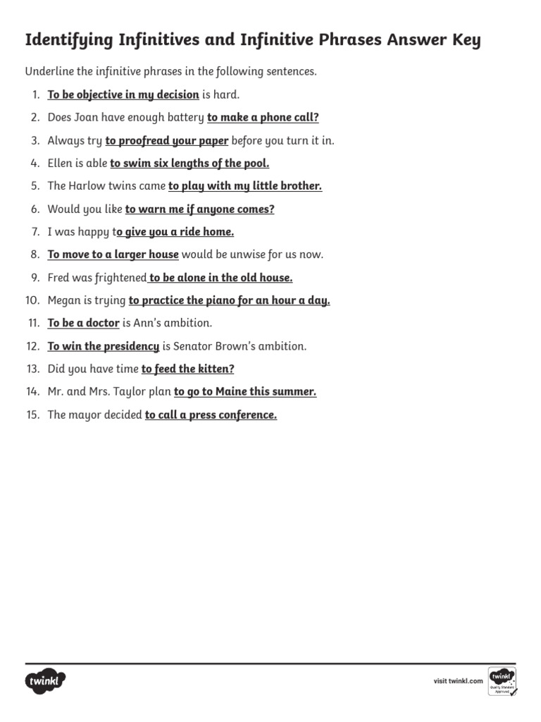 1answer Key Identifying Infinitives and Infinitive Phrases | PDF