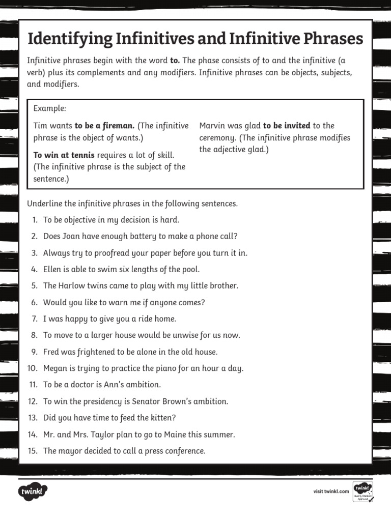 1Identifying Infinitives and Infinitive Phrases | PDF | Phrase ...