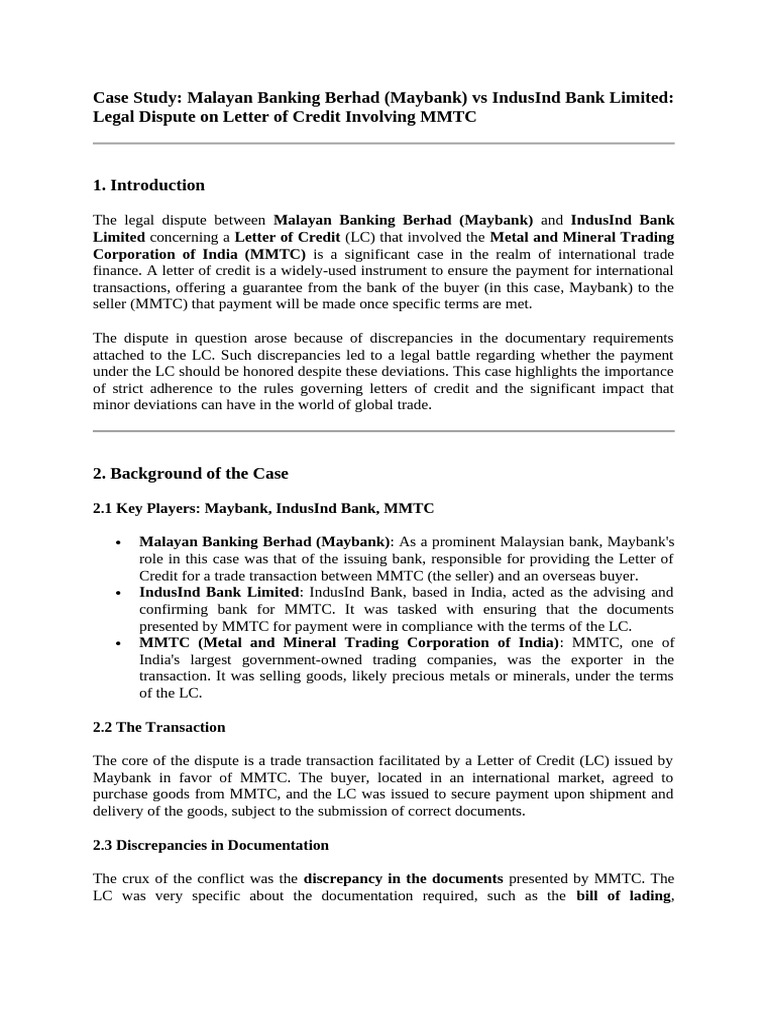 Maybank vs IndusInd: LC Dispute Case Study | PDF | Letter Of Credit | Business