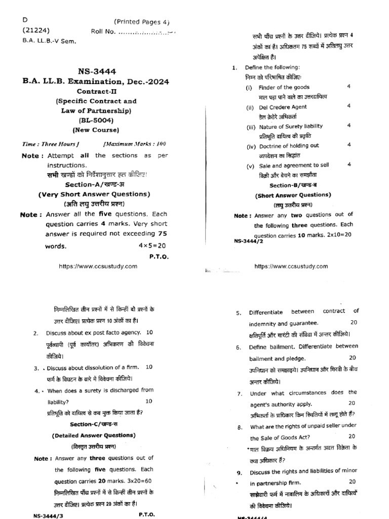Ballb 5 Sem Specific Contract and Law of Partnership Ns 3444 Dec 2024 | PDF