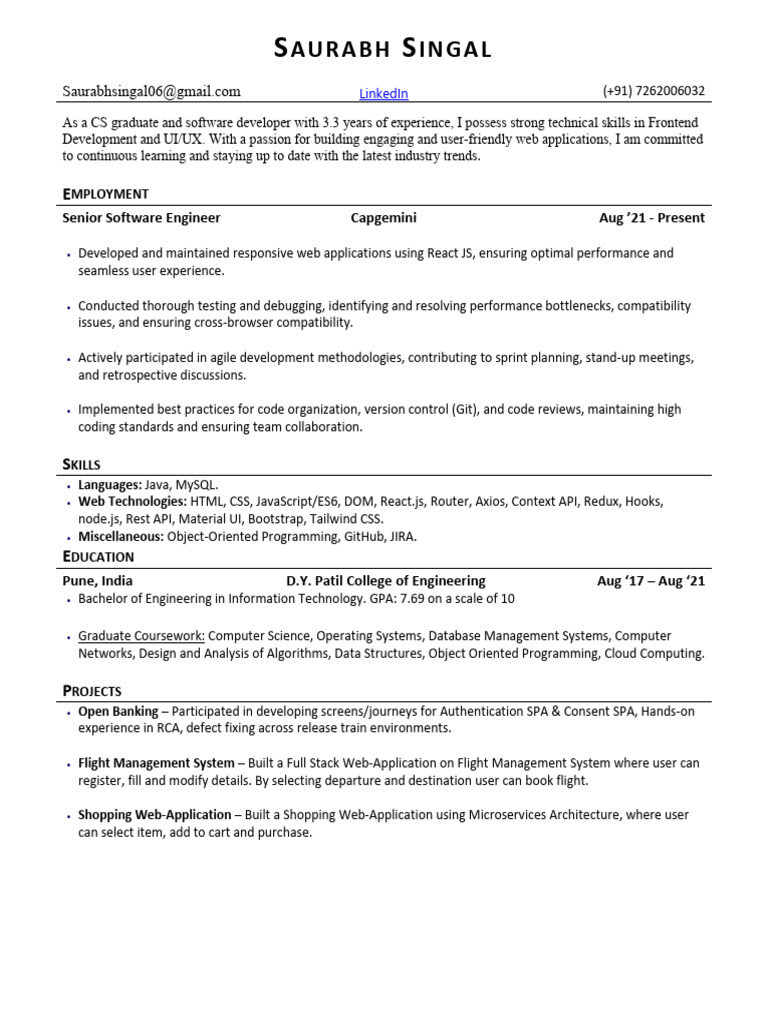 Saurabh Singal: Software Engineer Profile | PDF