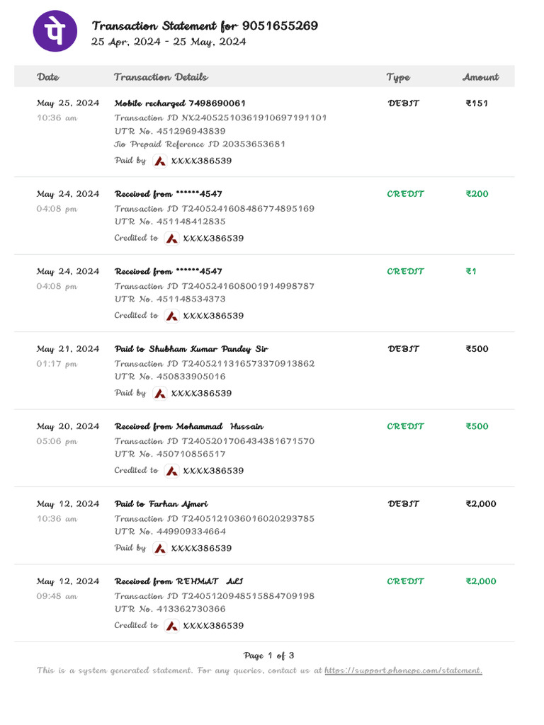 PhonePe Statement Apr2024 May2024 | PDF | Debit Card | Banking Technology