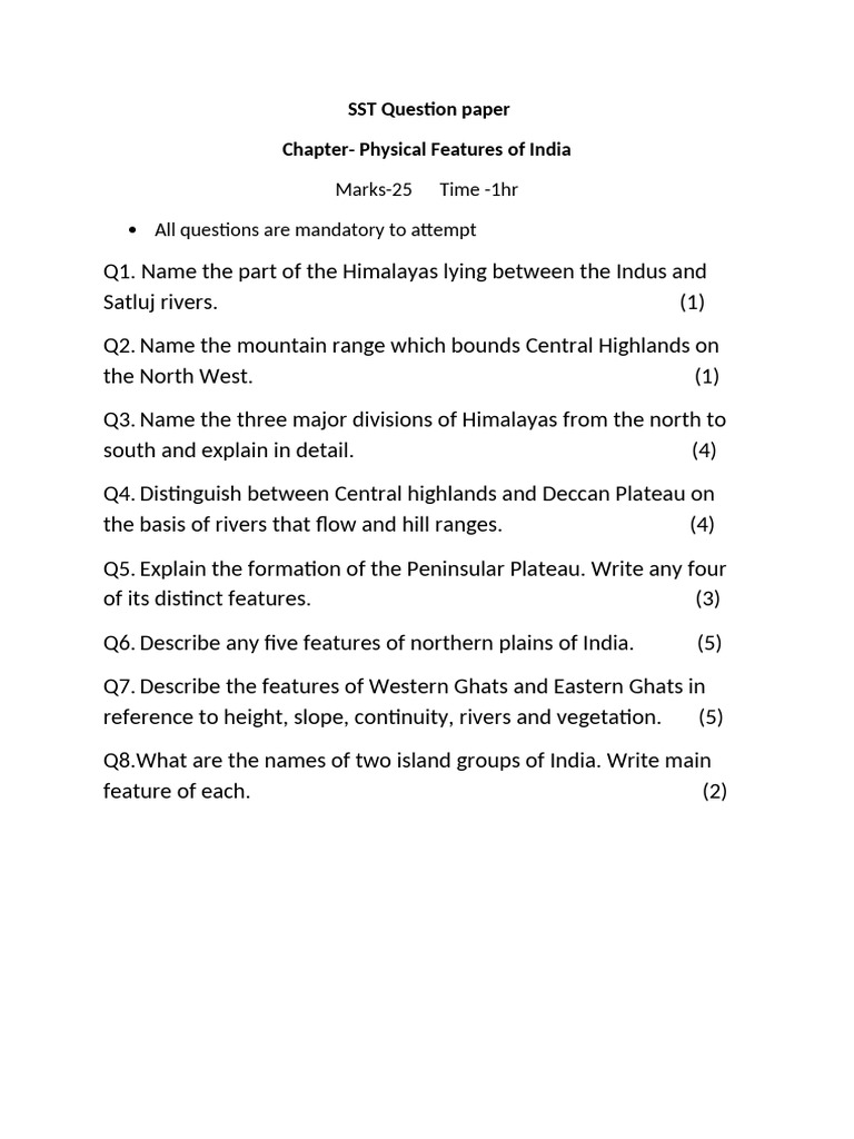 SST Question Paper: Physical Features of India | PDF